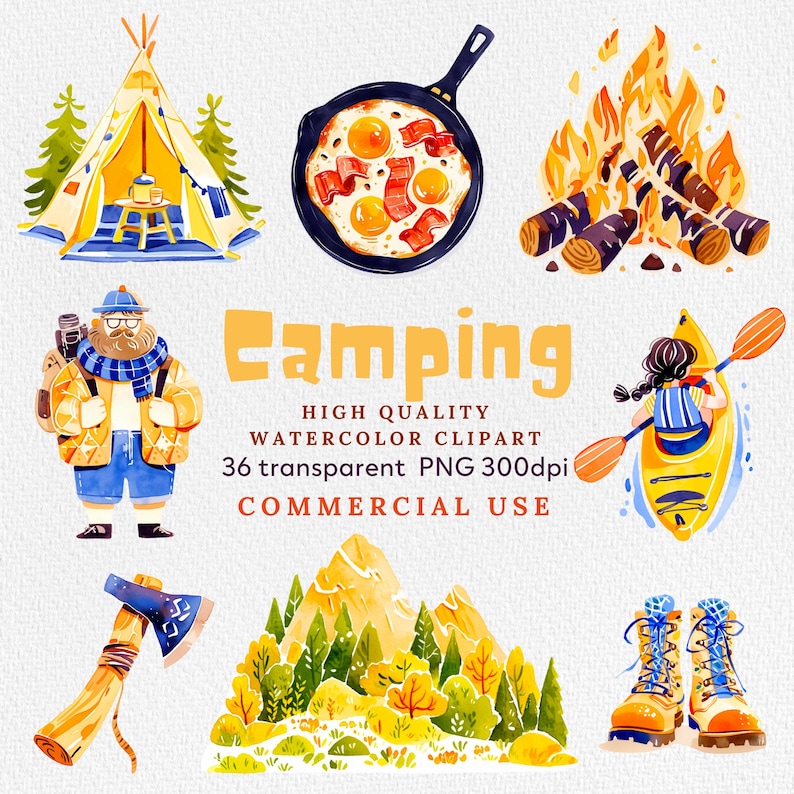 Watercolor Camping Clipart Bundle, Forest Adventure Clipart, Campsite ...