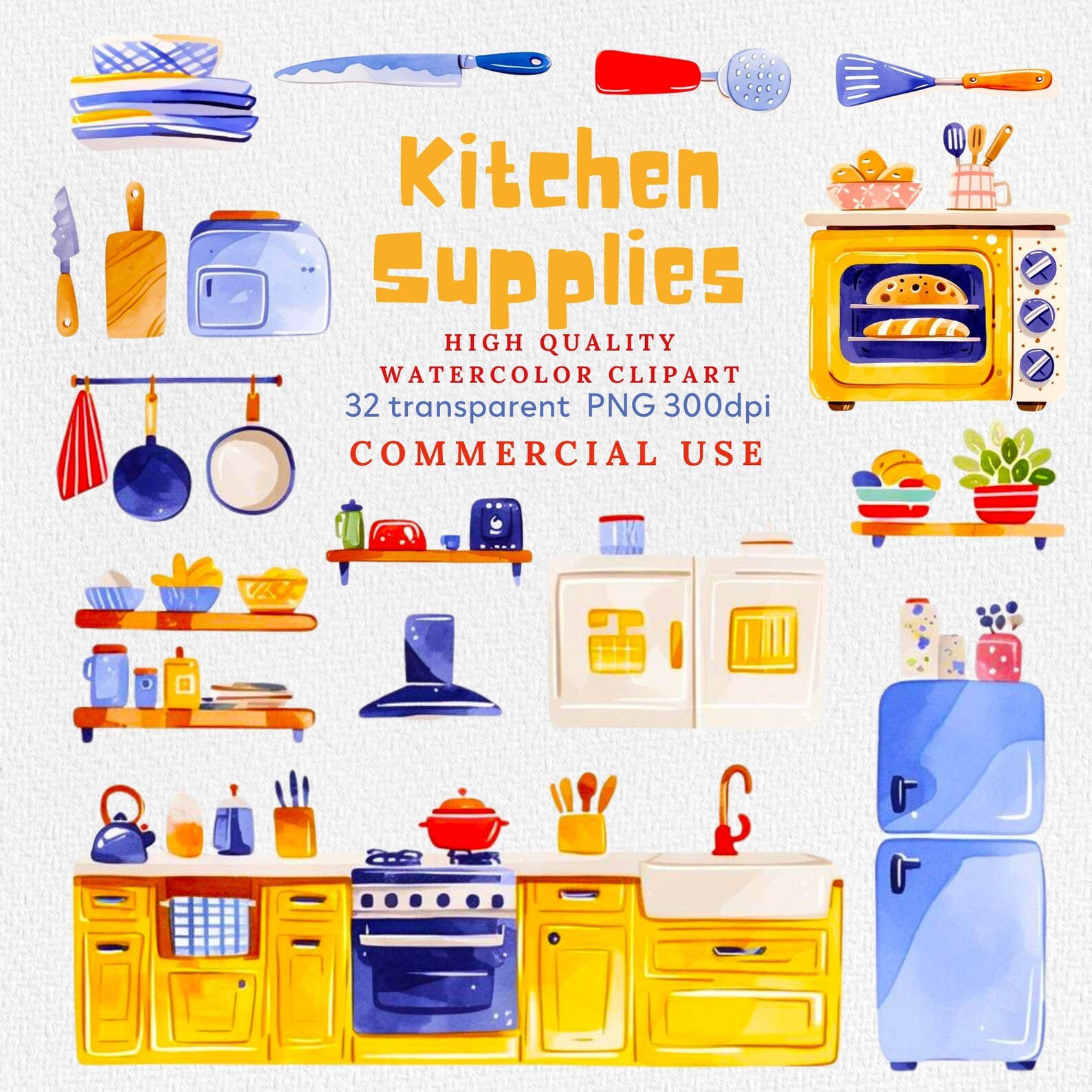 Watercolor Kitchen Supplies Clipart, Baking Clipart Png, Home Bakery ...