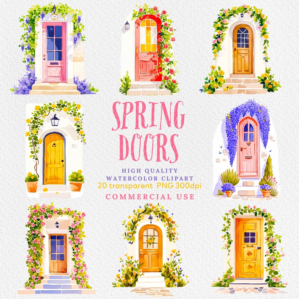Watercolor Doors Clipart, Spring Doors, Front Door, Cute Doors, Doors ...