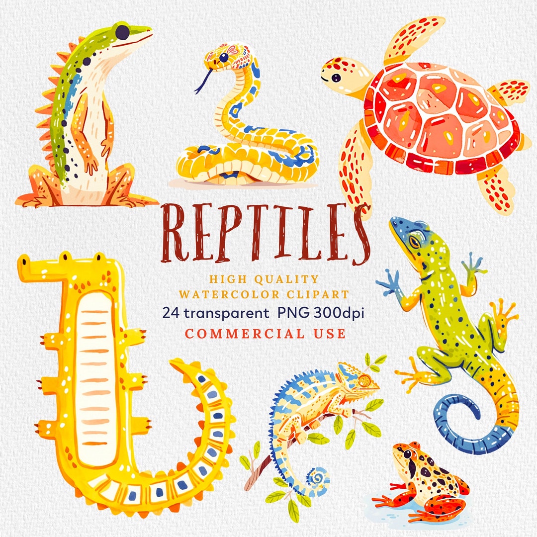 Watercolor Reptiles Clipart, Chameleon, Lizard, Snake, Turtle, Tortoise ...
