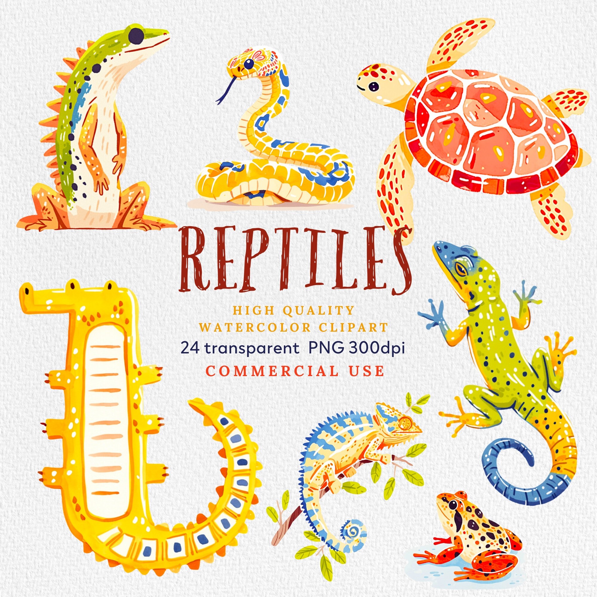 Watercolor Reptiles Clipart, Chameleon, Lizard, Snake, Turtle, Tortoise ...