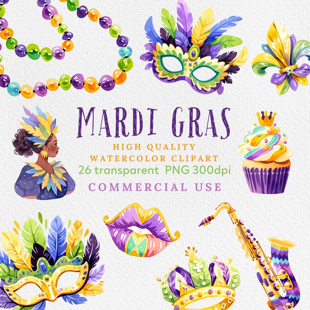 Watercolor Mardi Gras Collection Clipart of 26 Png,fleur De Lis Clipart ...