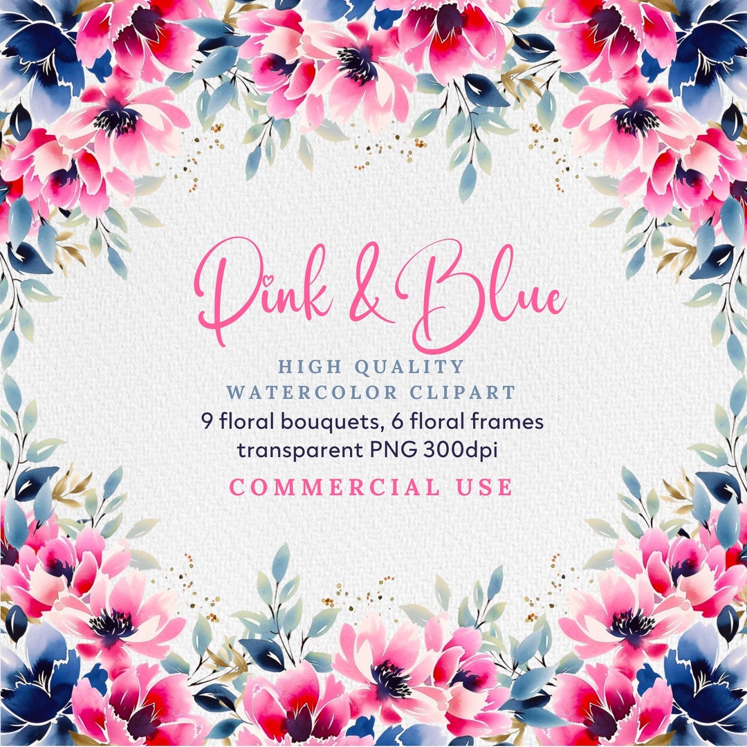 Blush Pink & Navy Blue Floral Clipart Frame Spring Wreath Border ...