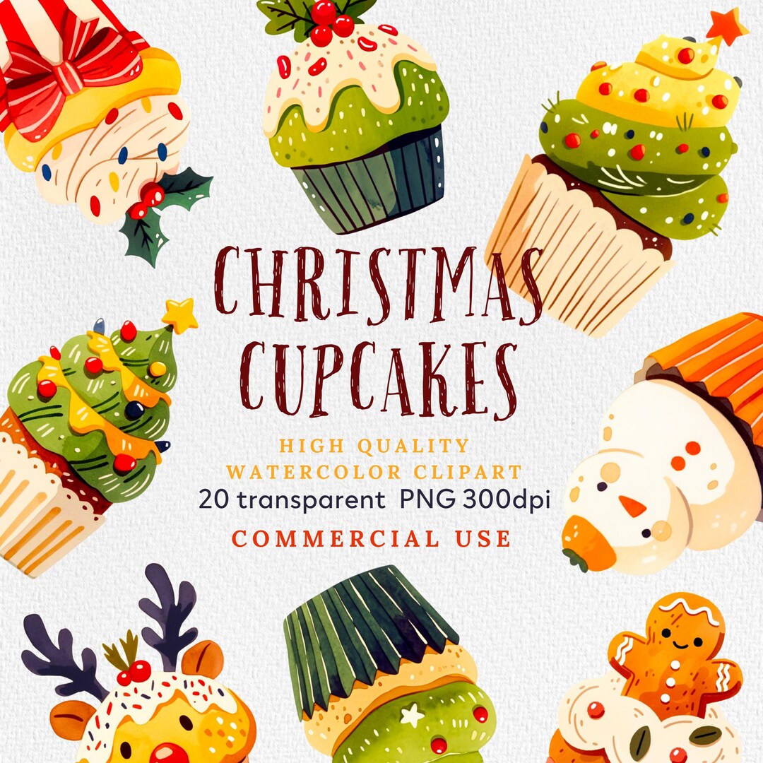Christmas Cupcakes Clipart: Watercolor Sweets PNG (digital Download) - Etsy