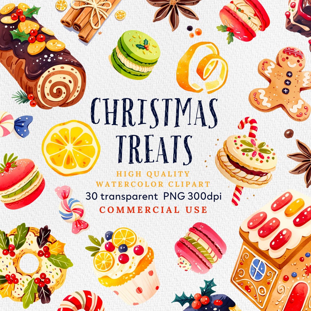 Watercolor Christmas Treats Clipart: Candy, Cake, Cookies (digital ...