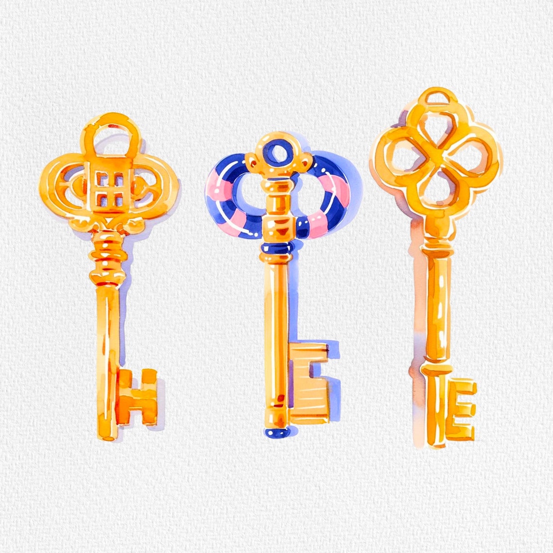 Watercolor Vintage Keys Clipart, Vintage Keys PNG, Watercolor Key, Hand ...