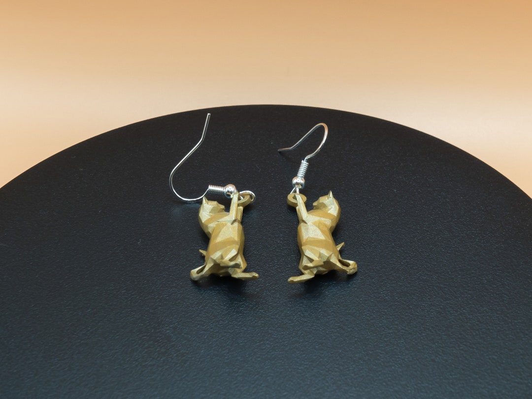Gold Hanging Cat Earrings Custom Colours 3D Printed Miniature Pet ...