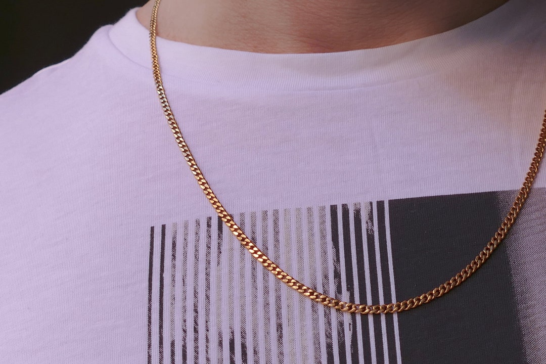 Golden Chain, Curb Style Stainless Steel Gold Plated Chain Necklace ...