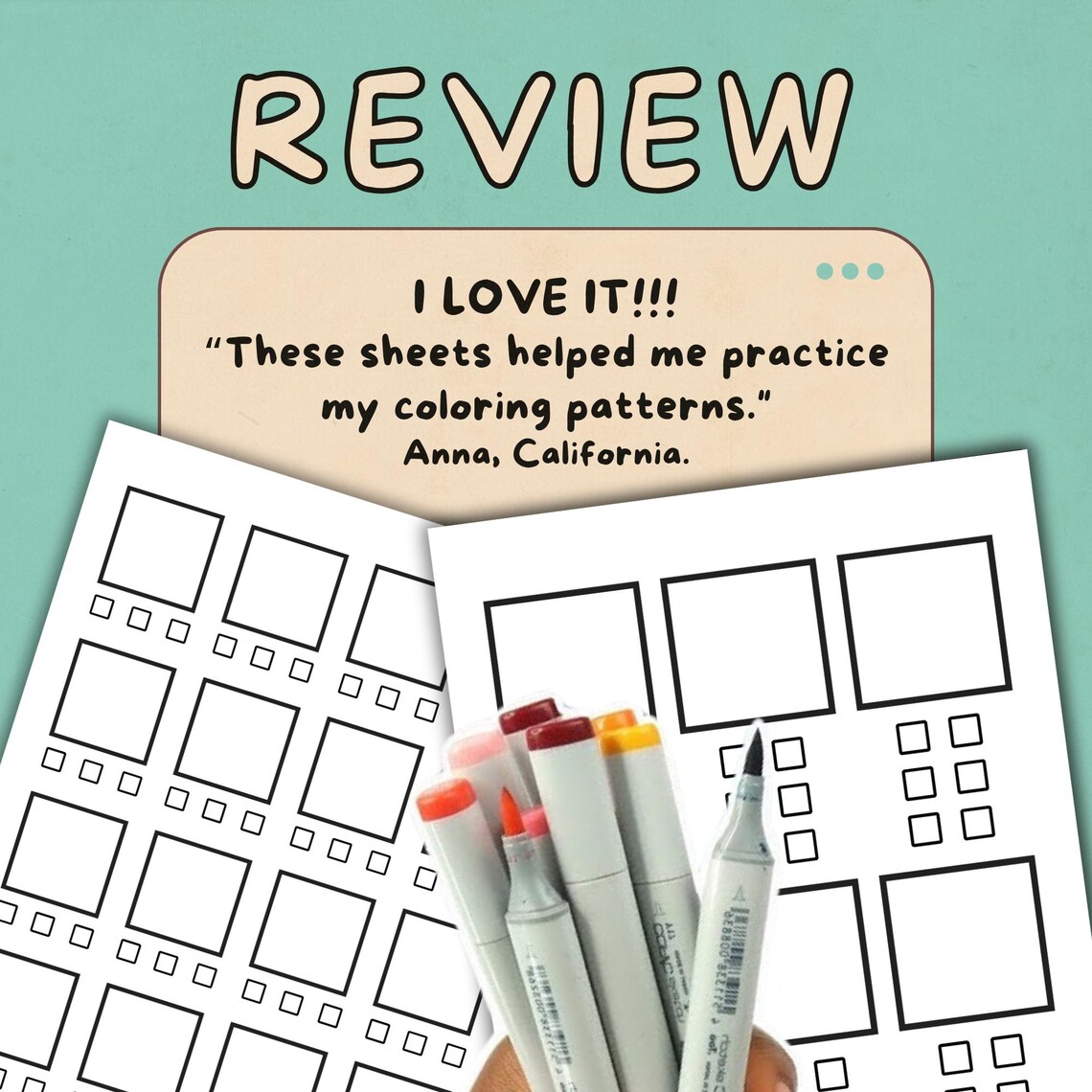 6 Coloring Patterns Practice Sheets, Blending Squares for Ohuhu, Copic ...