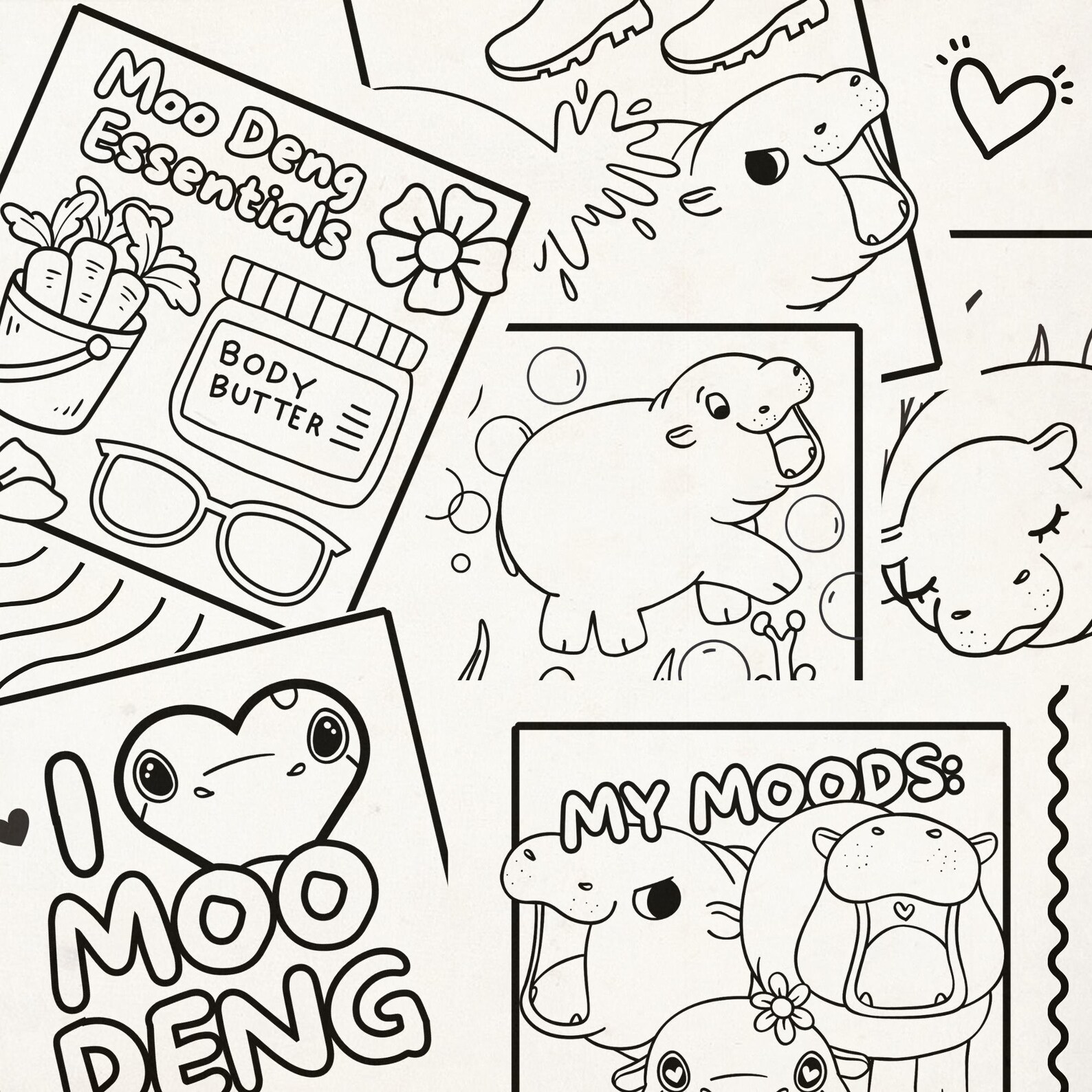 Baby Hippo Moo Deng Coloring Pages | Cute Pygmy Hippopotamus Designs ...