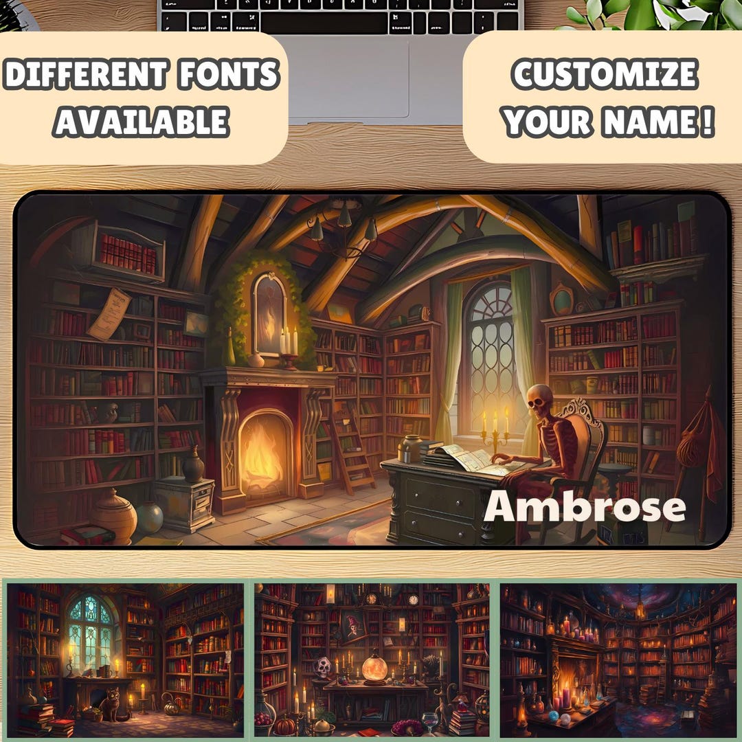 Haunted Library Creepy Spooky Skeleton Desk Mat Custom Dark Academia ...