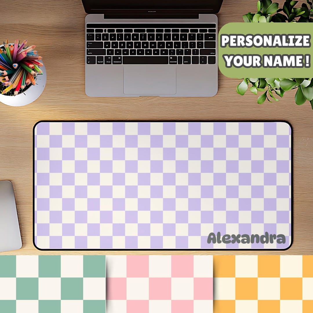 Custom Name Cute Violet Desk Mat Checkers Pattern Light Purple ...