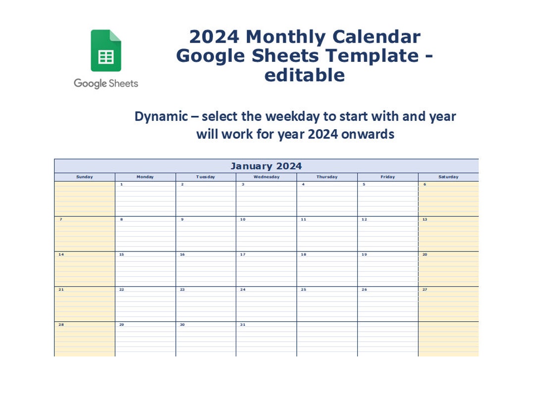 2024 & 2025 Monthly Calendar Google Sheets Template Editable Select Any ...