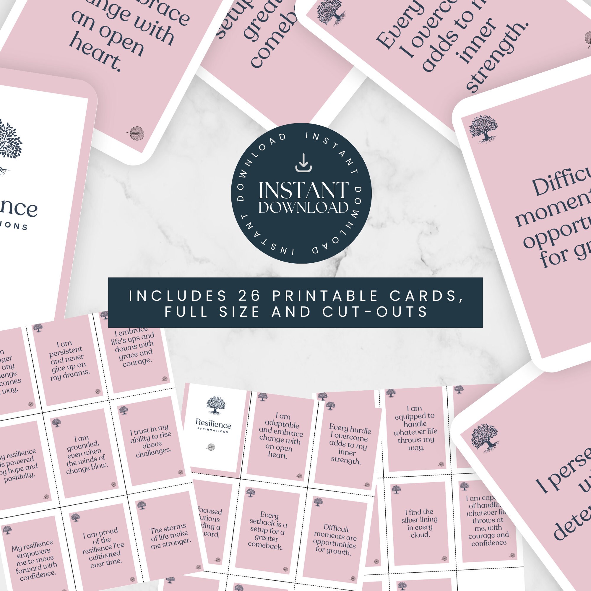 25 Printable Affirmation Cards for Resilience Pink, Positive Thinking ...