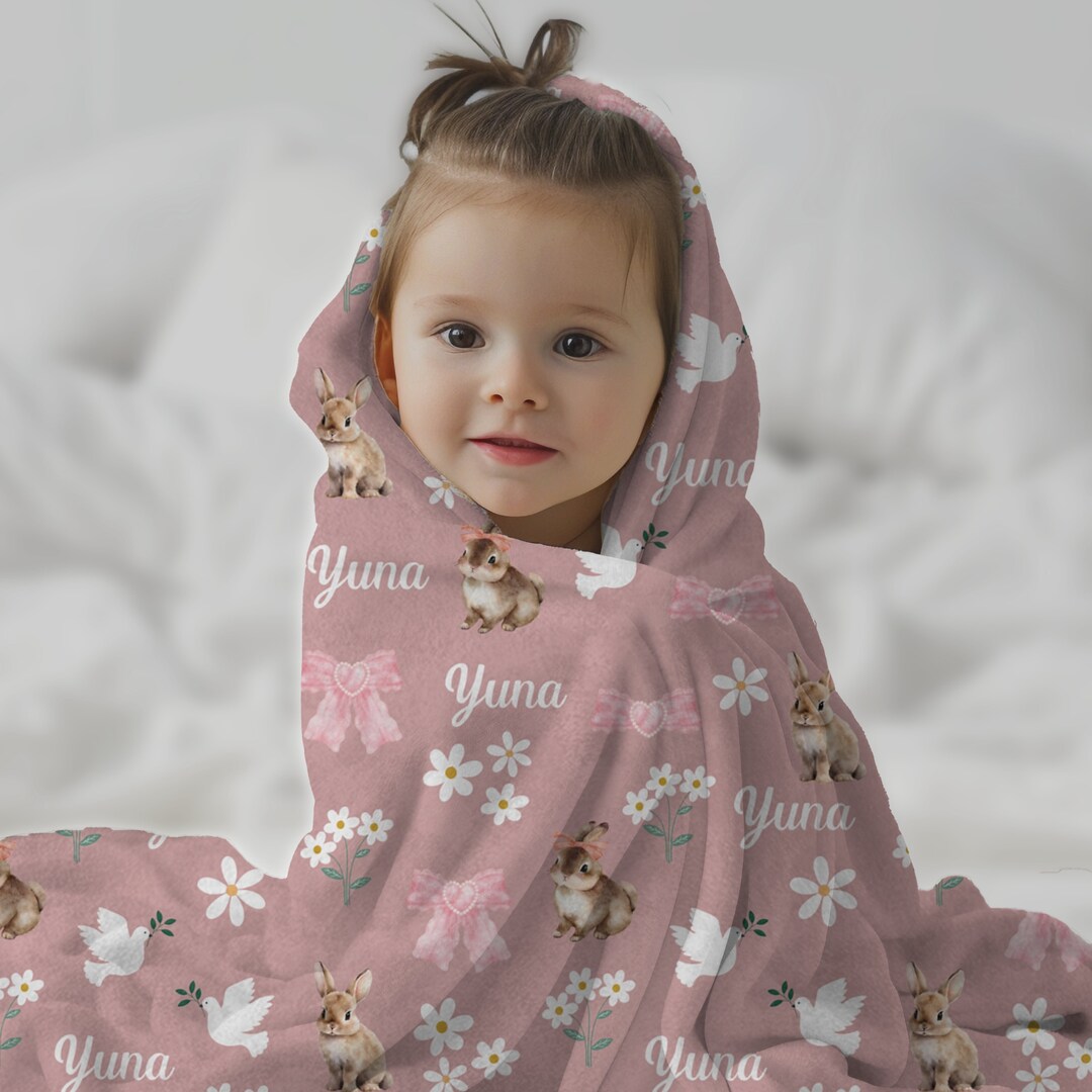 Personalized Bunny Baby Girl Name Pink Blanket, Custom Rabbit Baby ...