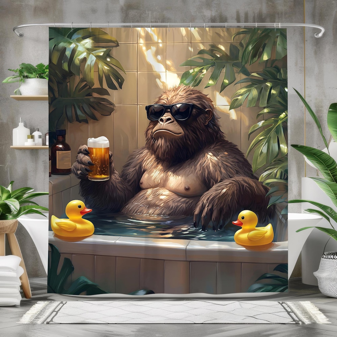 Bigfoot Cryptid Sasquatch Monster Beer Lover Shower Curtain Bath Mat ...