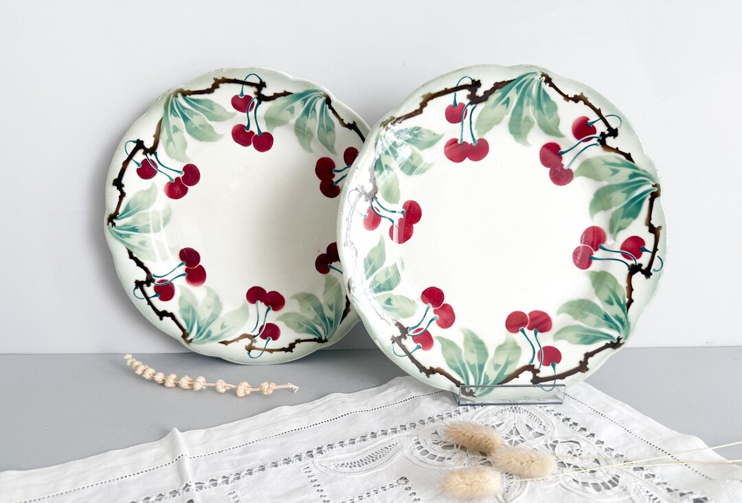2 Deep Dishes or Very Large Plates, Cherry Pattern, Lunéville, Circa ...