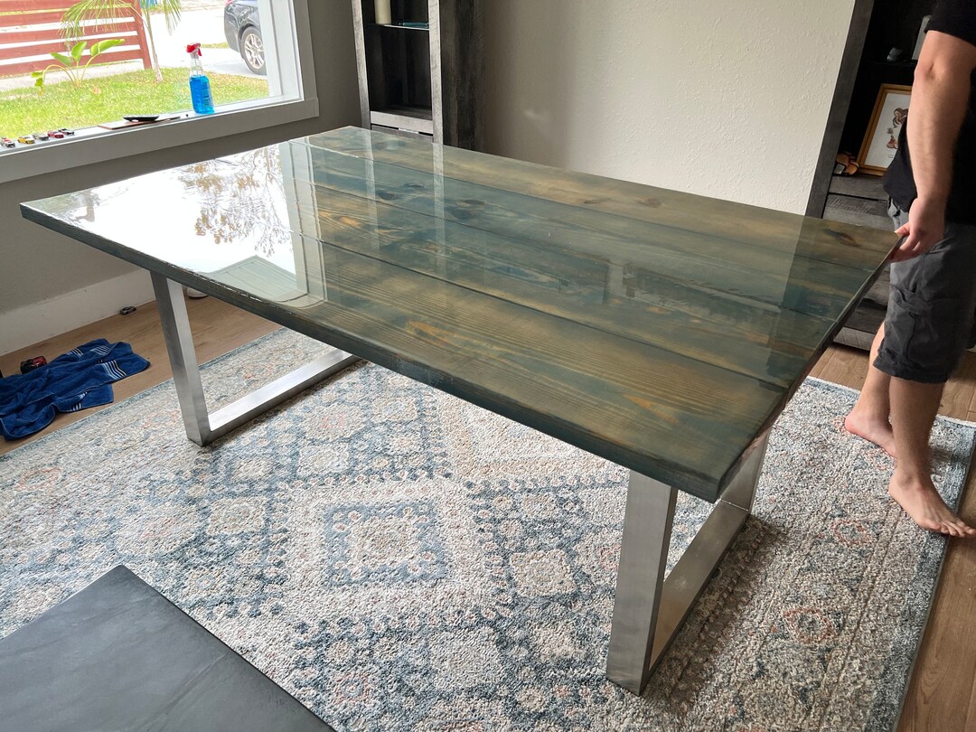 Stained Wood Dining Table W/ Stainless Steel Legs - Etsy