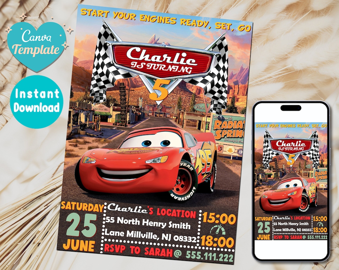 Invitación de cumpleaños de Cars / Invitación de cumpleaños para niños ...