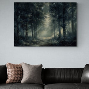 Dark Forest Painting With White Flowers and Bright Light Vintage Wall ...