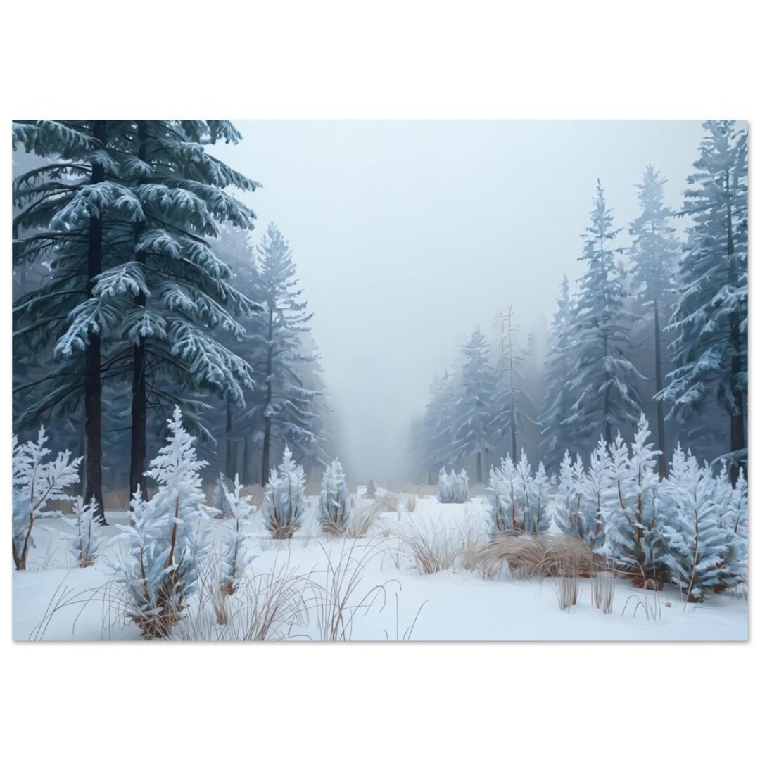 Poster Painting of Snowy Forest With Evergreen Trees Winter Wall Art ...