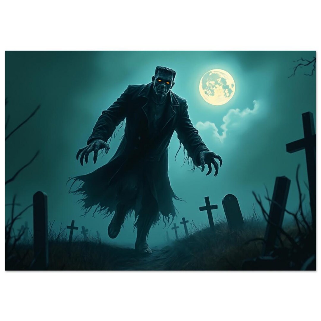 Misty Graveyard and Frankenstein Poster - Spooky Halloween Wall Art for ...