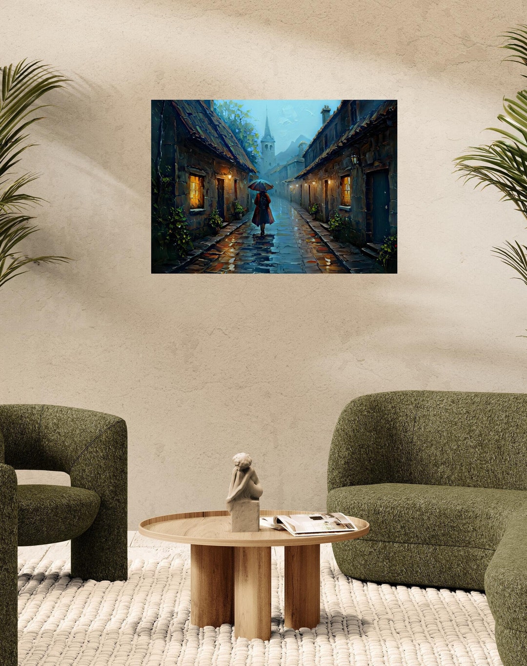 Vintage Rainy Street Scene Poster Person With Umbrella, City Buildings ...