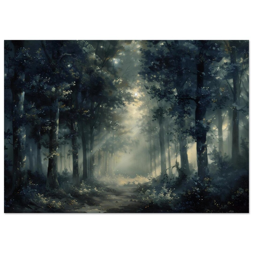 Vintage Dark Forest Wall Art - Tall Trees and Sunlit Path Painting - Etsy