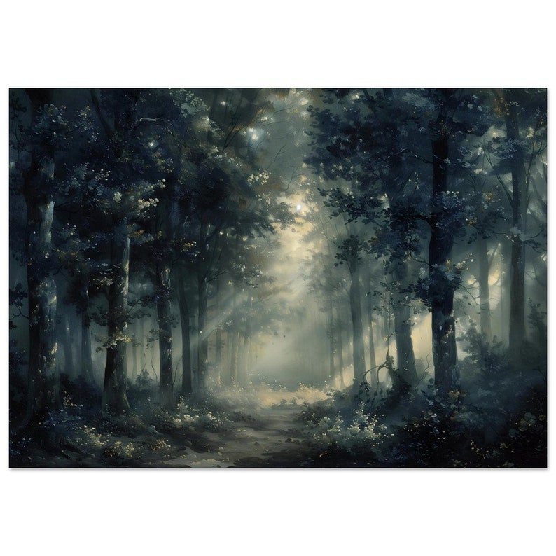 Dark Forest Painting With White Flowers and Bright Light Vintage Wall ...