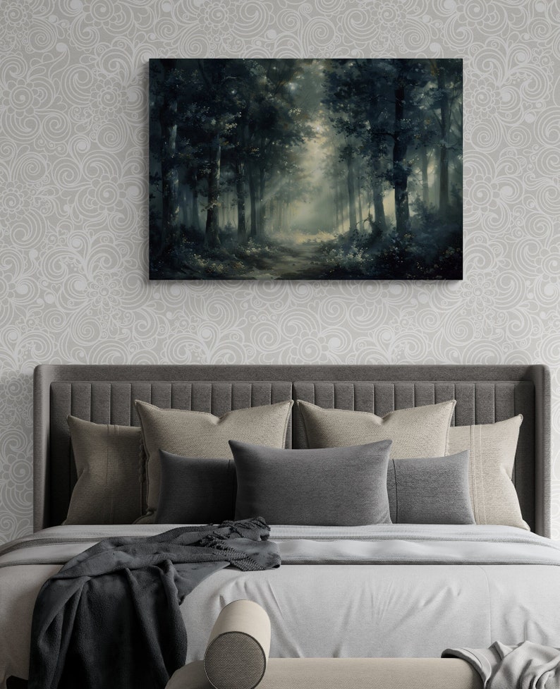 Dark Forest Painting With White Flowers and Bright Light Vintage Wall ...