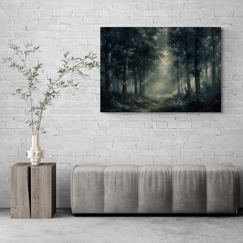 Dark Forest Painting With White Flowers and Bright Light Vintage Wall ...