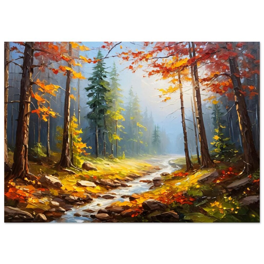 Vintage Forest Landscape Poster | Autumn Forest Stream Wall Art ...
