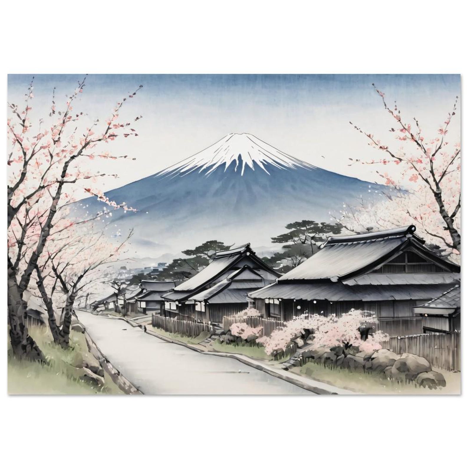 Poster Japanese Village Scene With Pink Blossoms - Traditional Painting ...