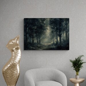 Dark Forest Painting With White Flowers and Bright Light Vintage Wall ...