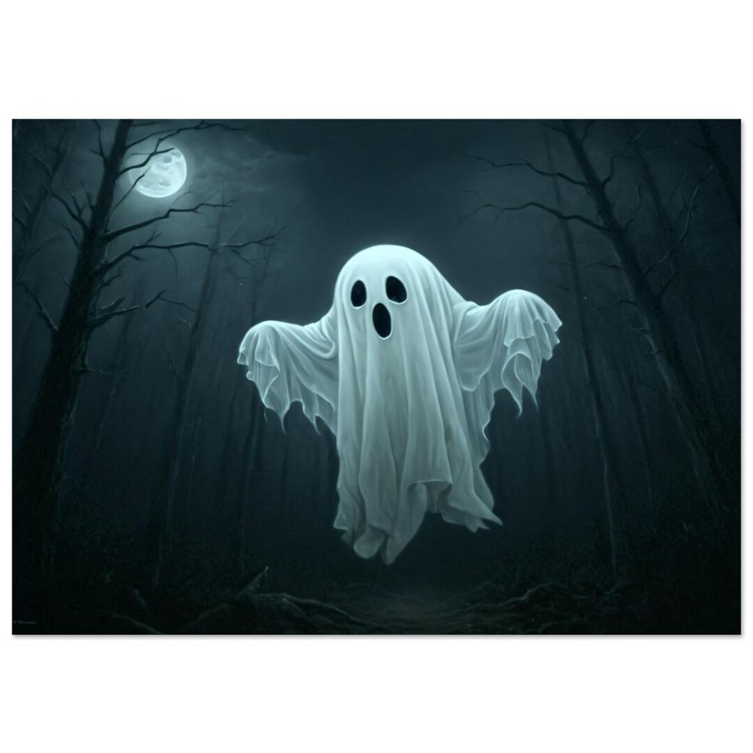 Haunted Forest Ghost Poster Vintage White Ghost and Full Moon Halloween ...