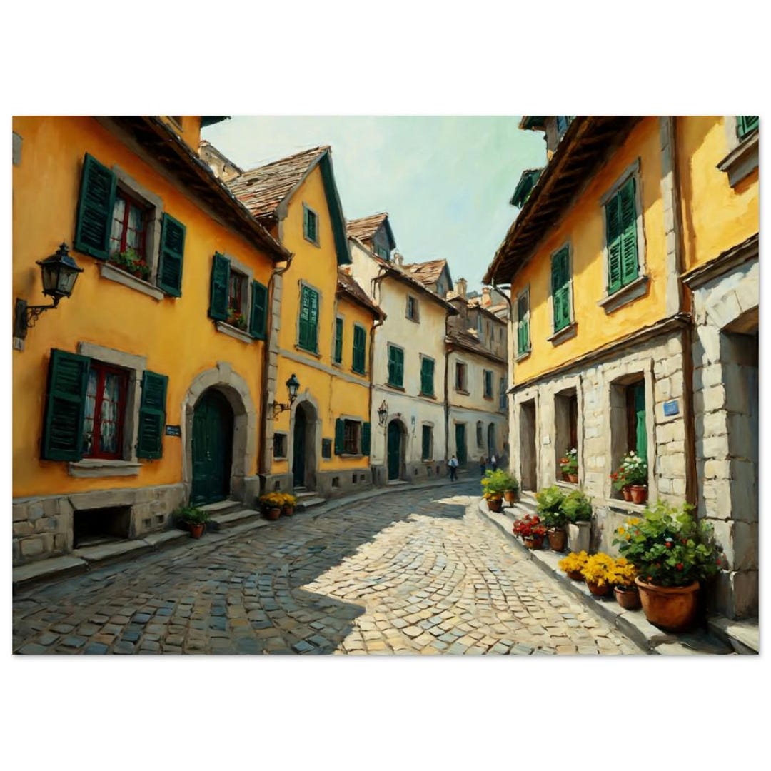 Colorful Vintage Street Painting of Yellow Buildings and Cobblestone ...