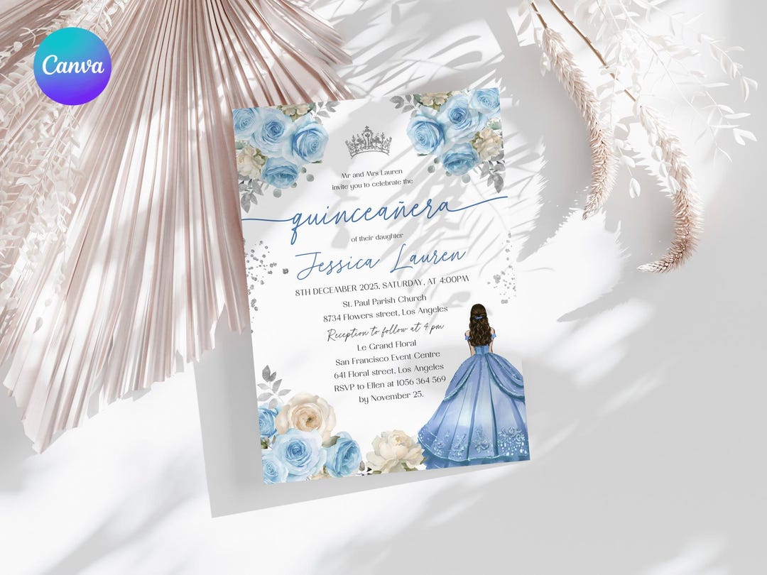 Light Blue Floral Quince Invite, Sky Blue Quinceañera Invitation ...