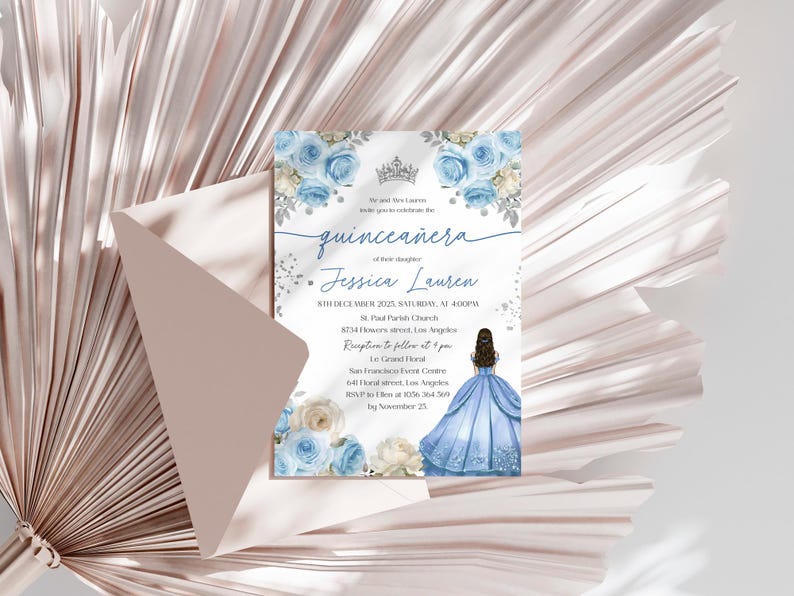 Light Blue Floral Quince Invite, Sky Blue Quinceañera Invitation ...