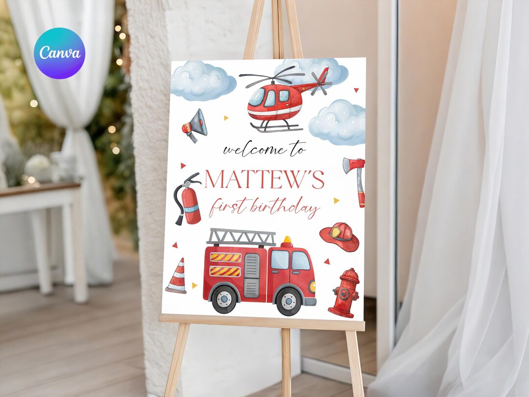 Firefighter Party Welcome Poster – Fire Engine Kids Birthday Board ...