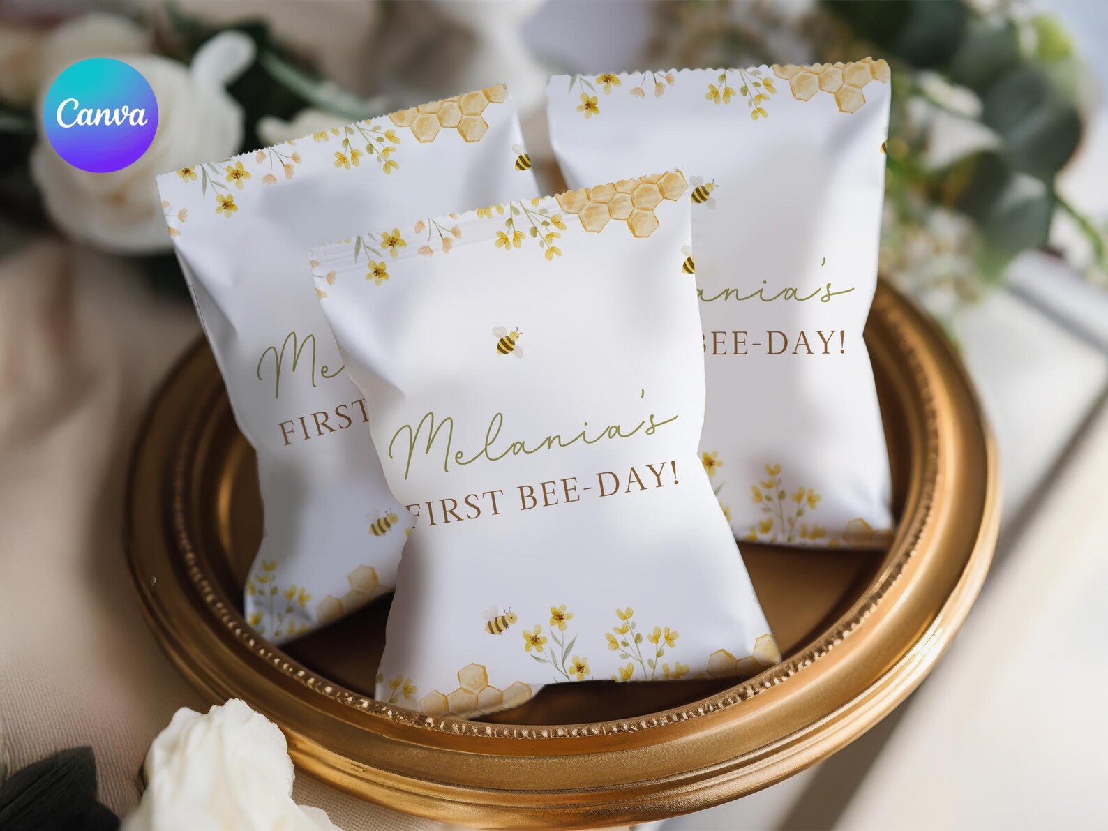 Bee First Birthday Chips Bag Template, Honey Bee Birthday Treat Bags ...
