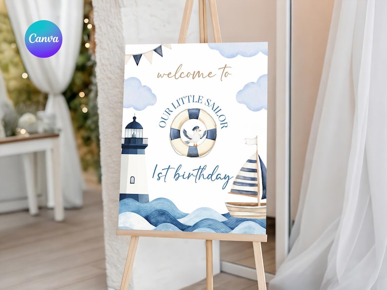 Sailor 1st Birthday Welcome Sign, Sailboat Birthday Welcome Poster ...