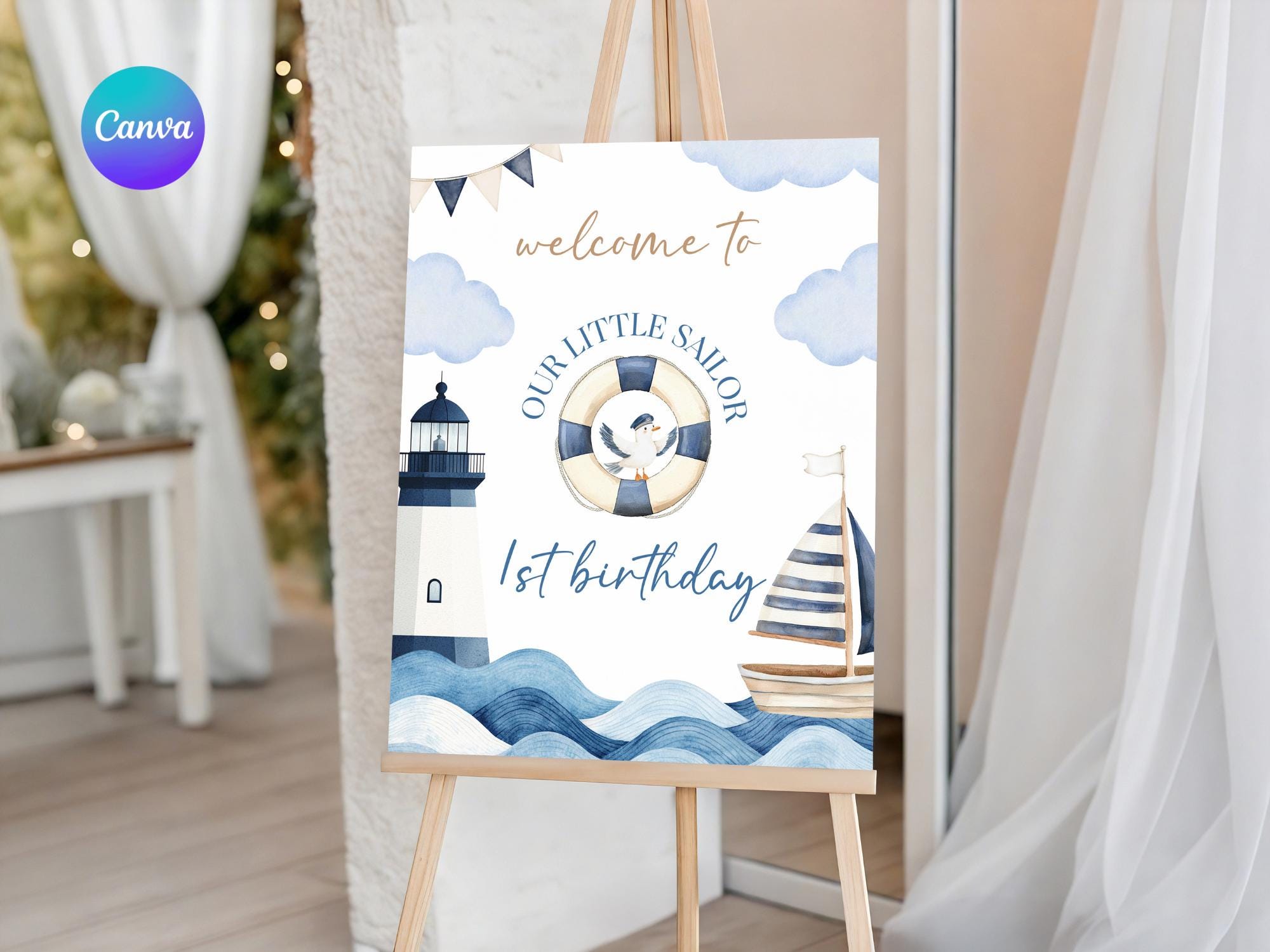 Sailor 1st Birthday Welcome Sign, Sailboat Birthday Welcome Poster ...