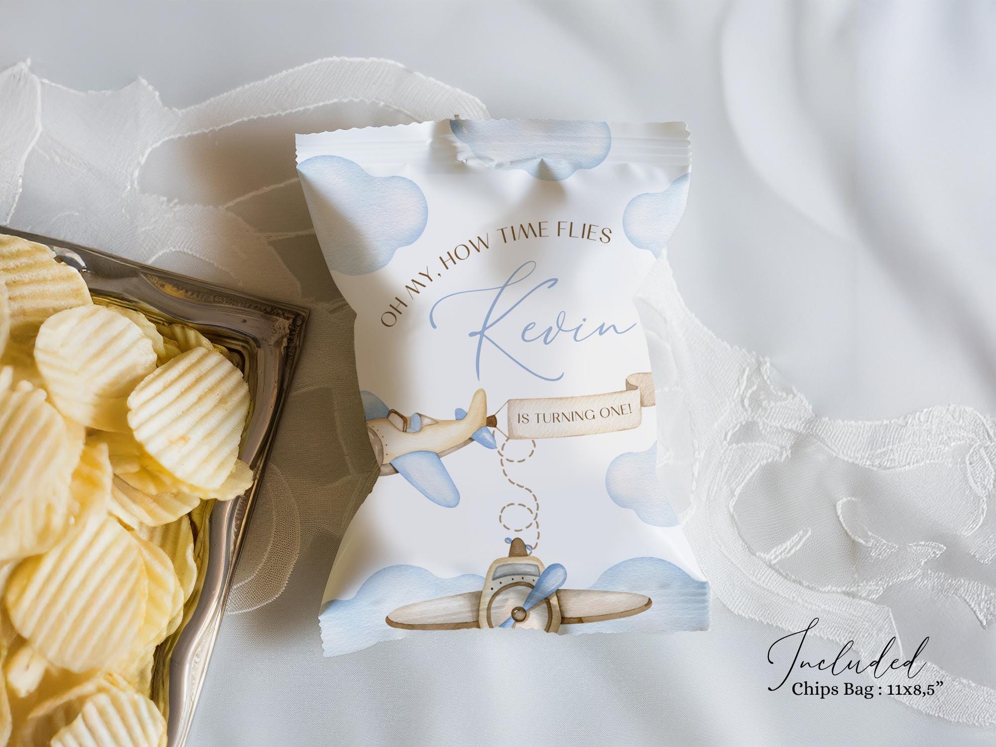 Vintage Airplane 1st Birthday Chips Bag Template, Blue Plane Birthday ...