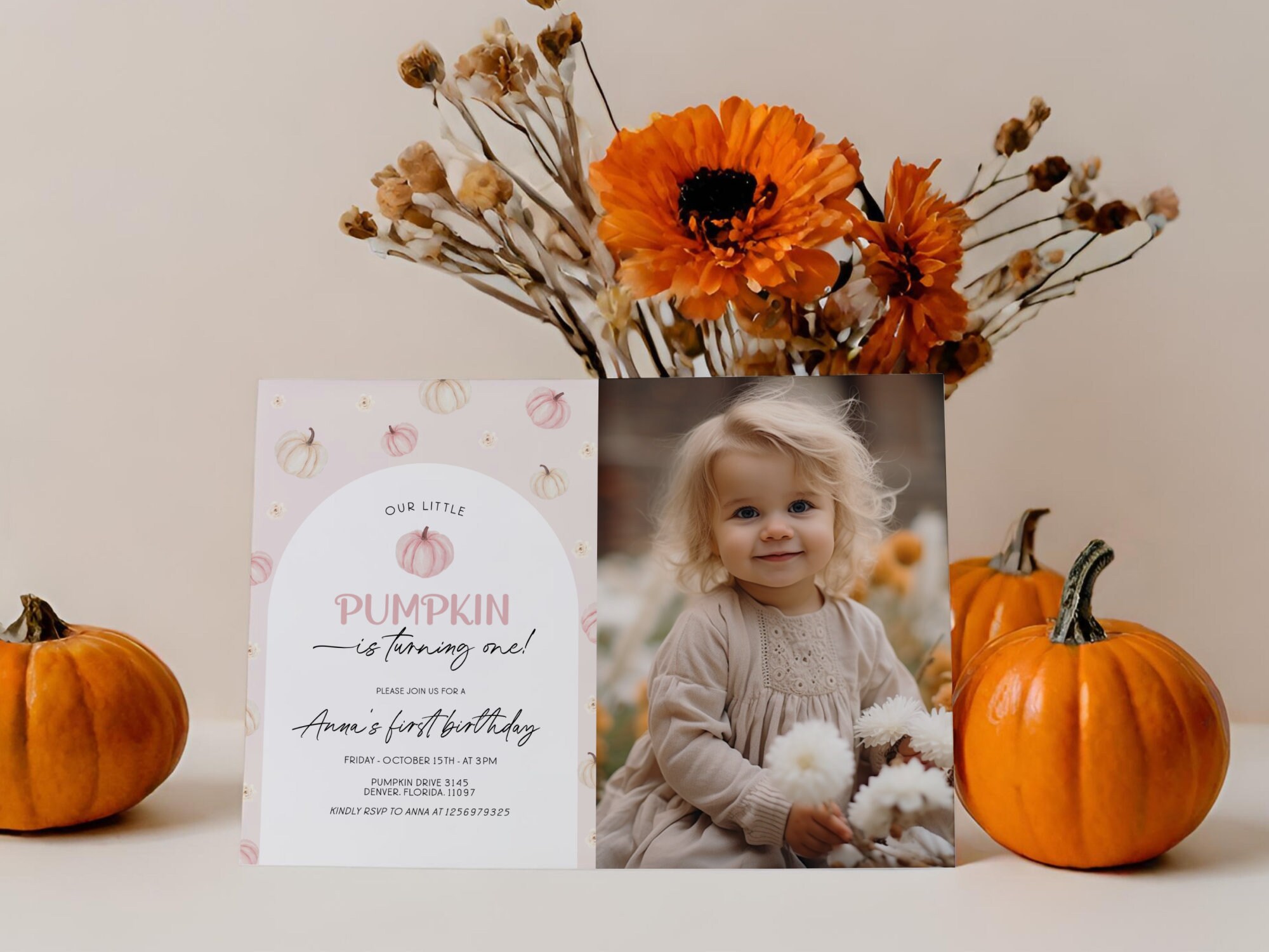 Editable Fall First Birthday Invite, Little Pumpkin Birthday Invitation ...