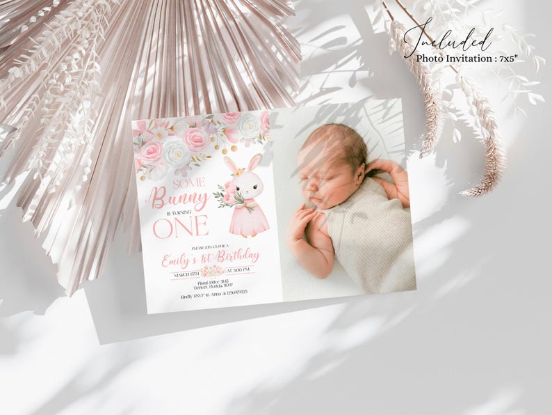 Some Bunny Photo Invitation – Girl 1st Birthday Picture Card (editable ...