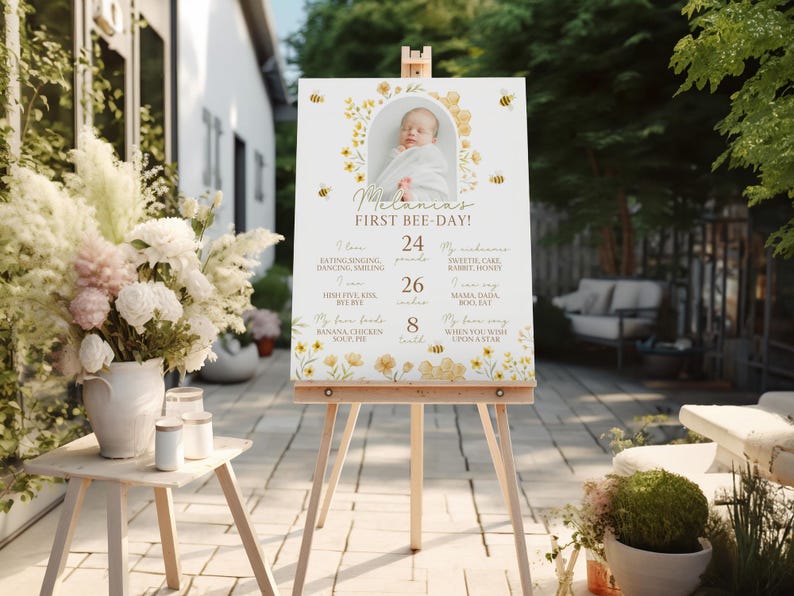 Printable Bee 1st Birthday Milestone Board, Honey Bee First Birthday ...