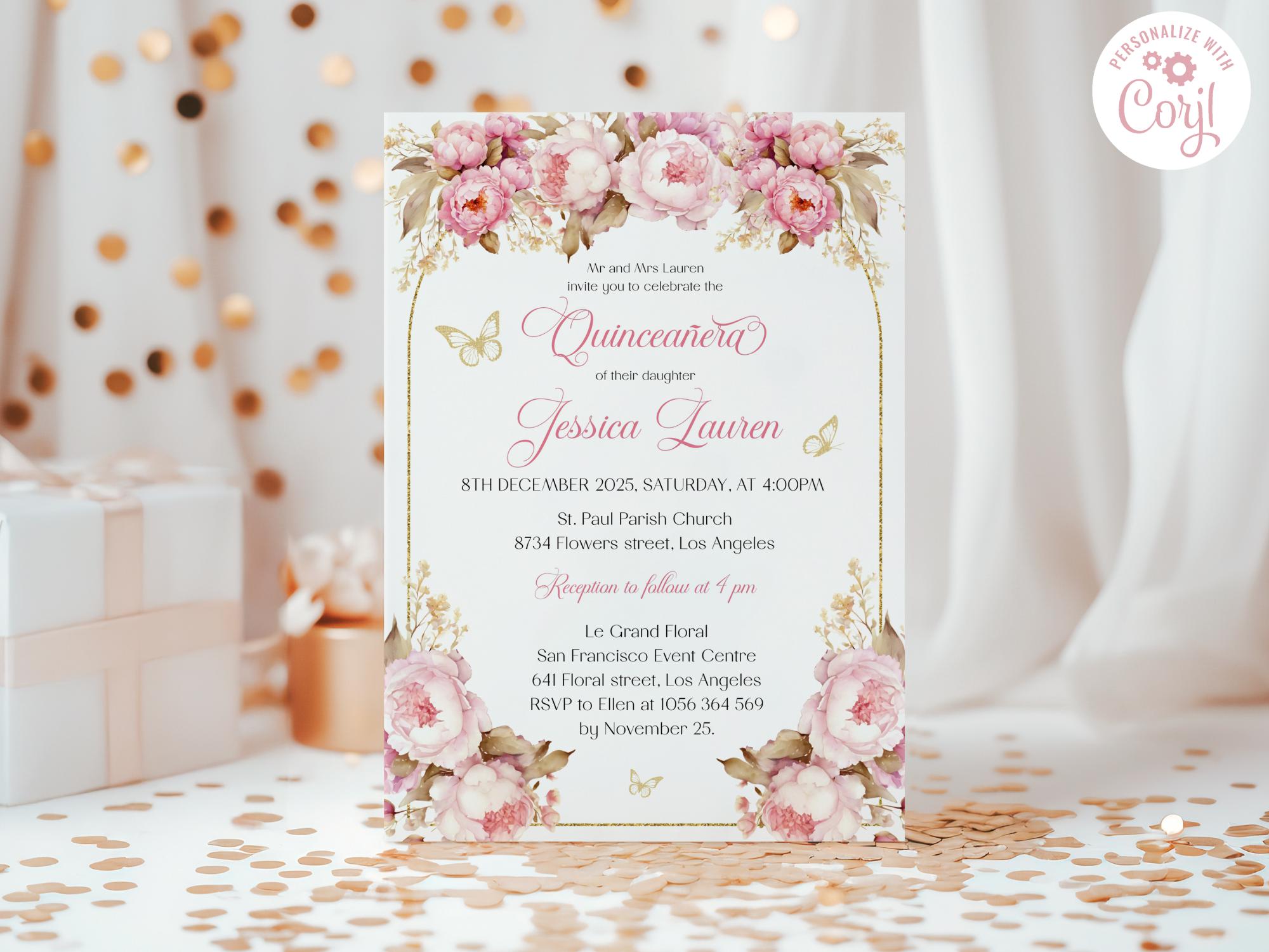 Invitación de quinceañera rosa suave, Quince rosa rubor Evite ...