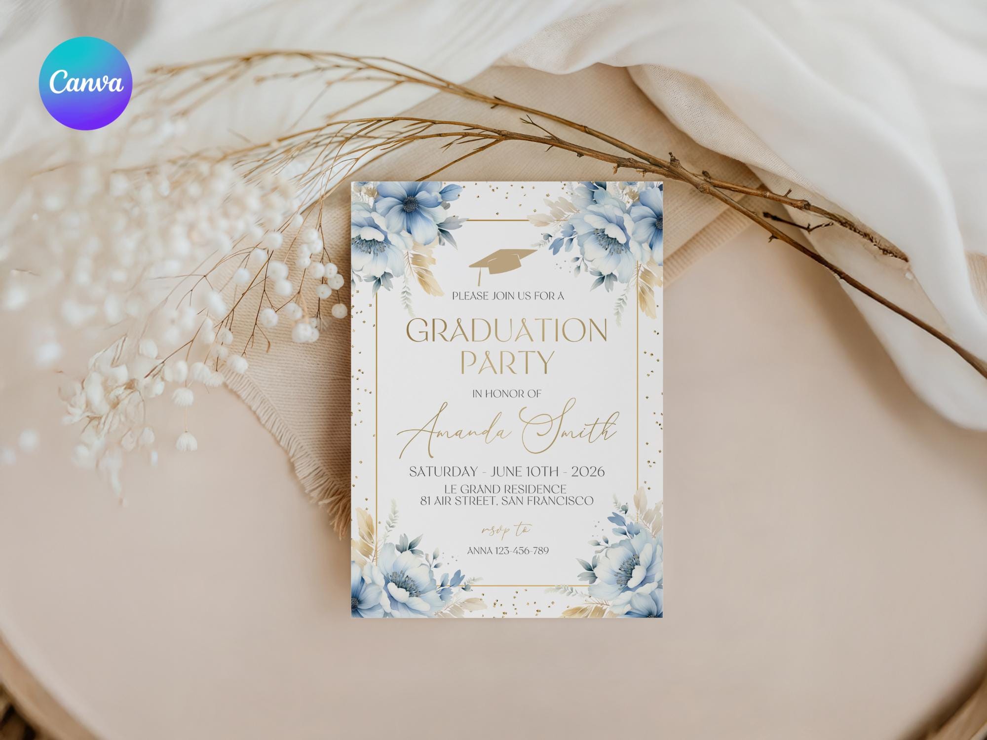 Elegant Blue Floral Graduation Invitation – Gold Accent Party Card ...