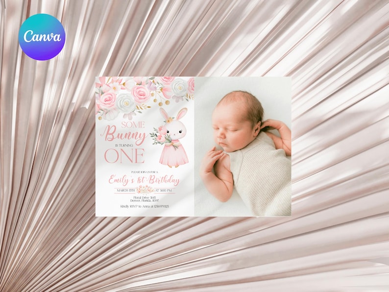 Some Bunny Photo Invitation – Girl 1st Birthday Picture Card (editable ...