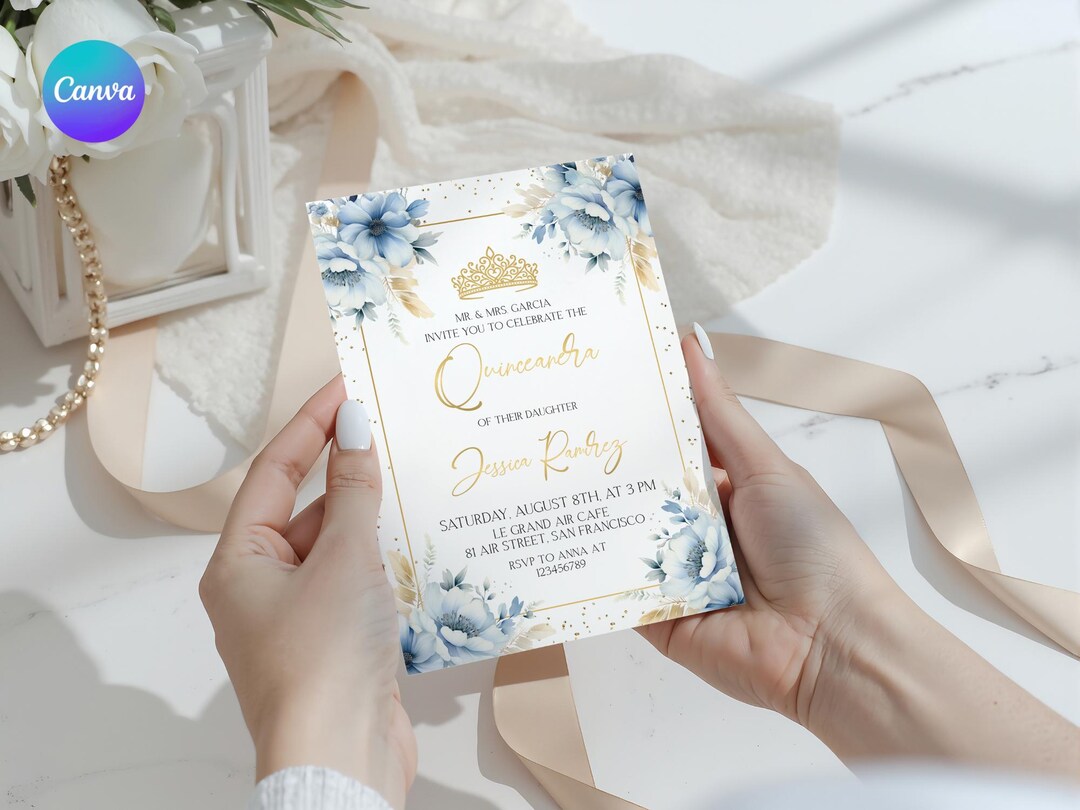 Blue Quinceañera Invitation – Mis Quince Años Silver Tiara Invite ...